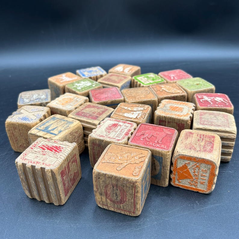 Vintage Wooden Alphabet Blocks Lot of 30+ Animal Pictures Letters ...