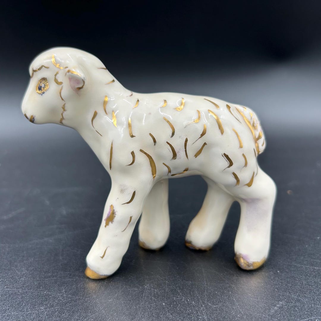 Vintage Ceramic Lamb Figurine Hand Painted Gold Accents Signed B. Dali ...
