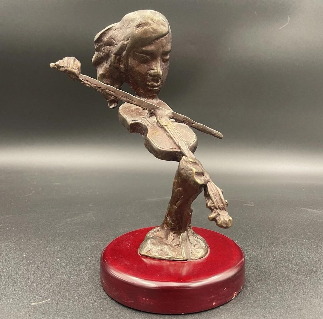 Abstract Bronze Violinist Sculpture on Red Wood Base – Musical Art ...