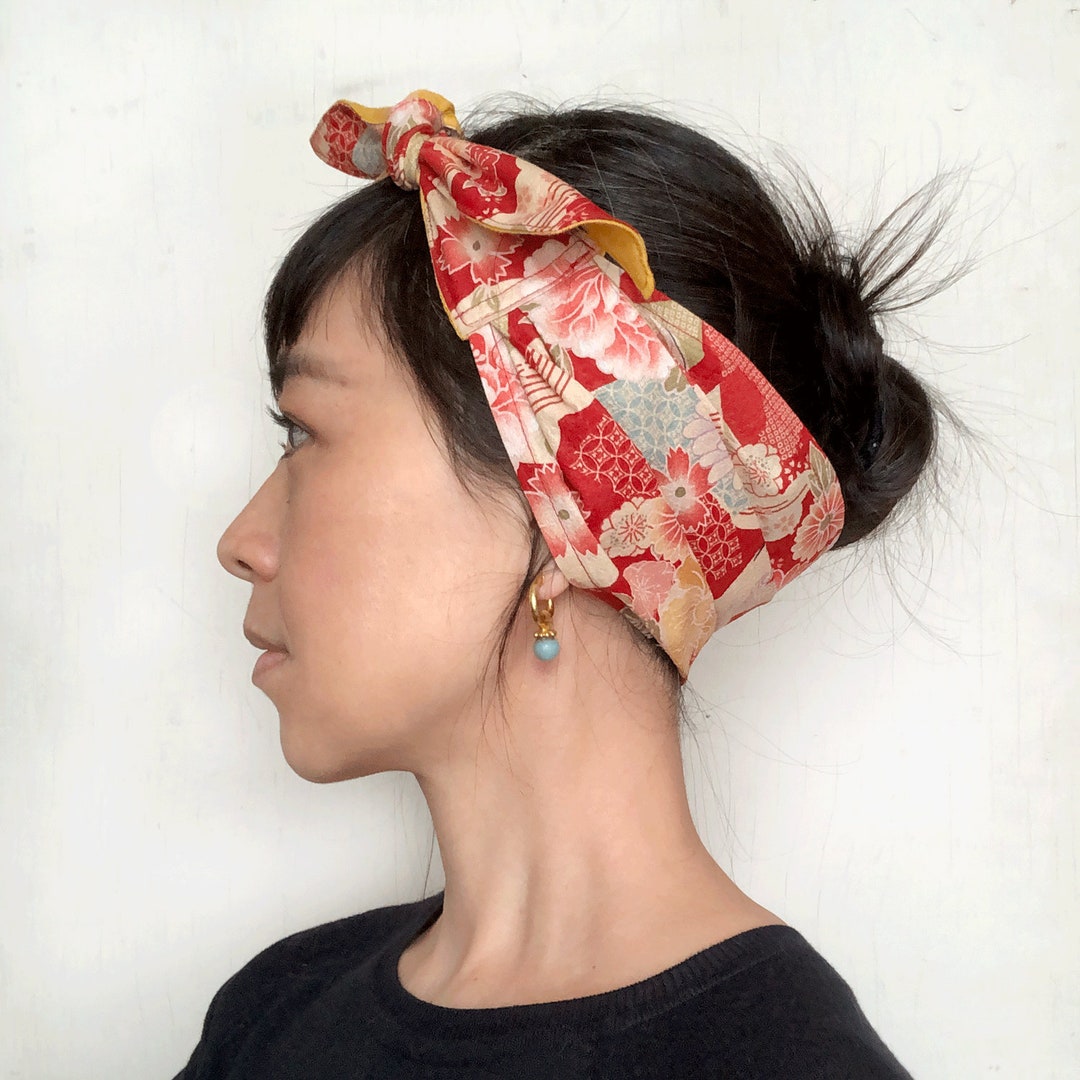 Kimono Fabric Headscarf, Japanese Fabric Headband, Head Scarf, Red ...