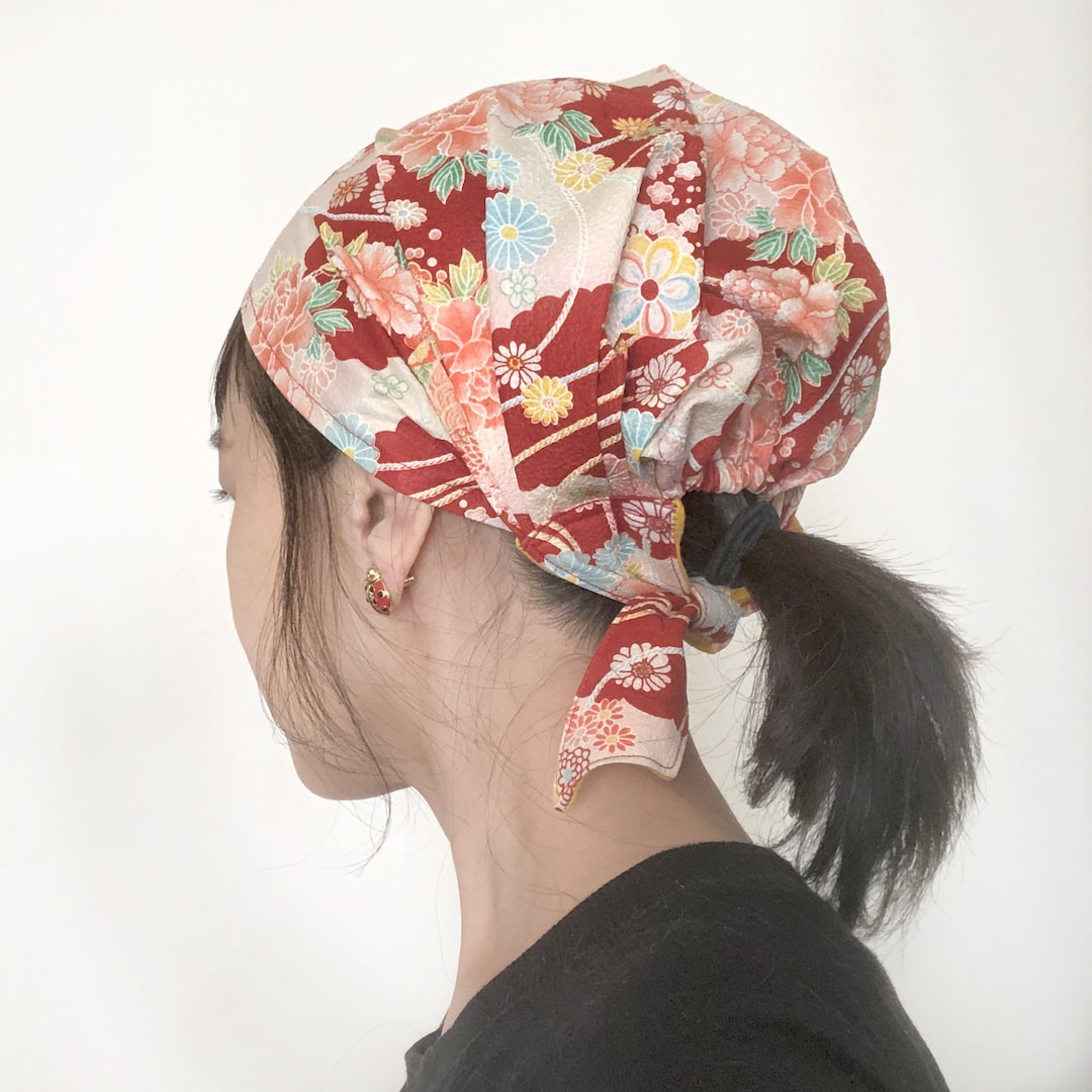 Japanese Fabric Headcovering Scarf, Red Kimono Fabric, Cooking Head ...