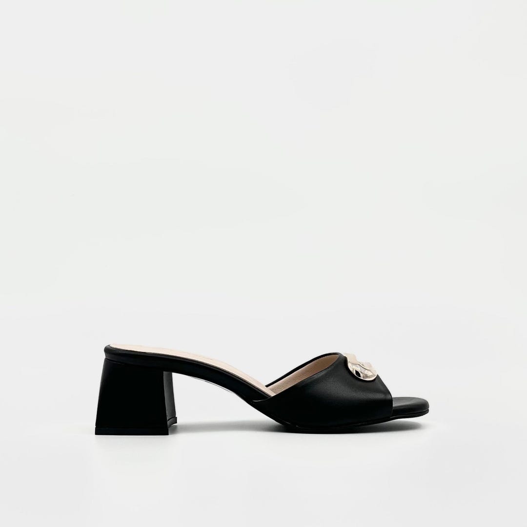 Black Leather Mules – 5cm Heel With Gold Buckle Detail - Etsy