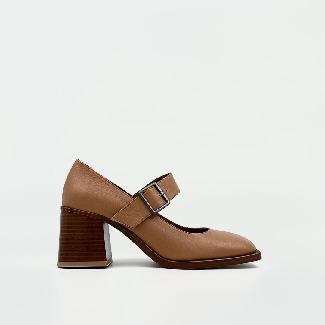 Biscuit Leather Mary Jane Heels – Elegant Everyday Style With 6cm Block ...