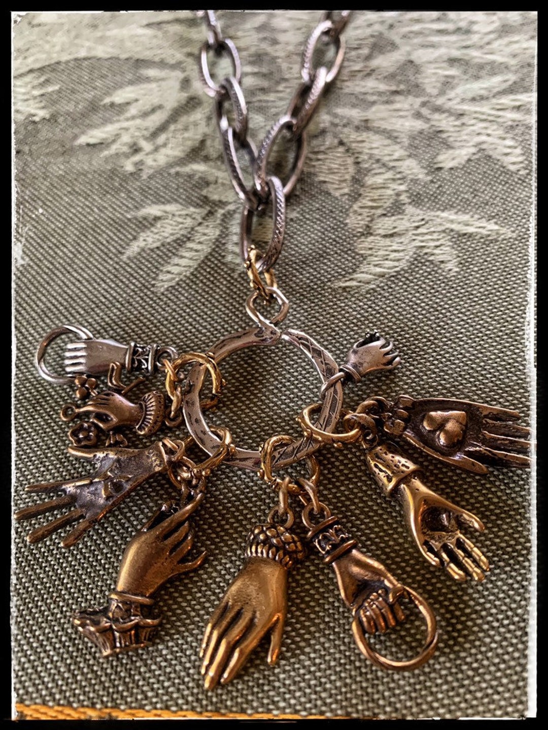9 Hands Necklace With Artisan Bronze/ Sterling Silver Hands and Charm ...