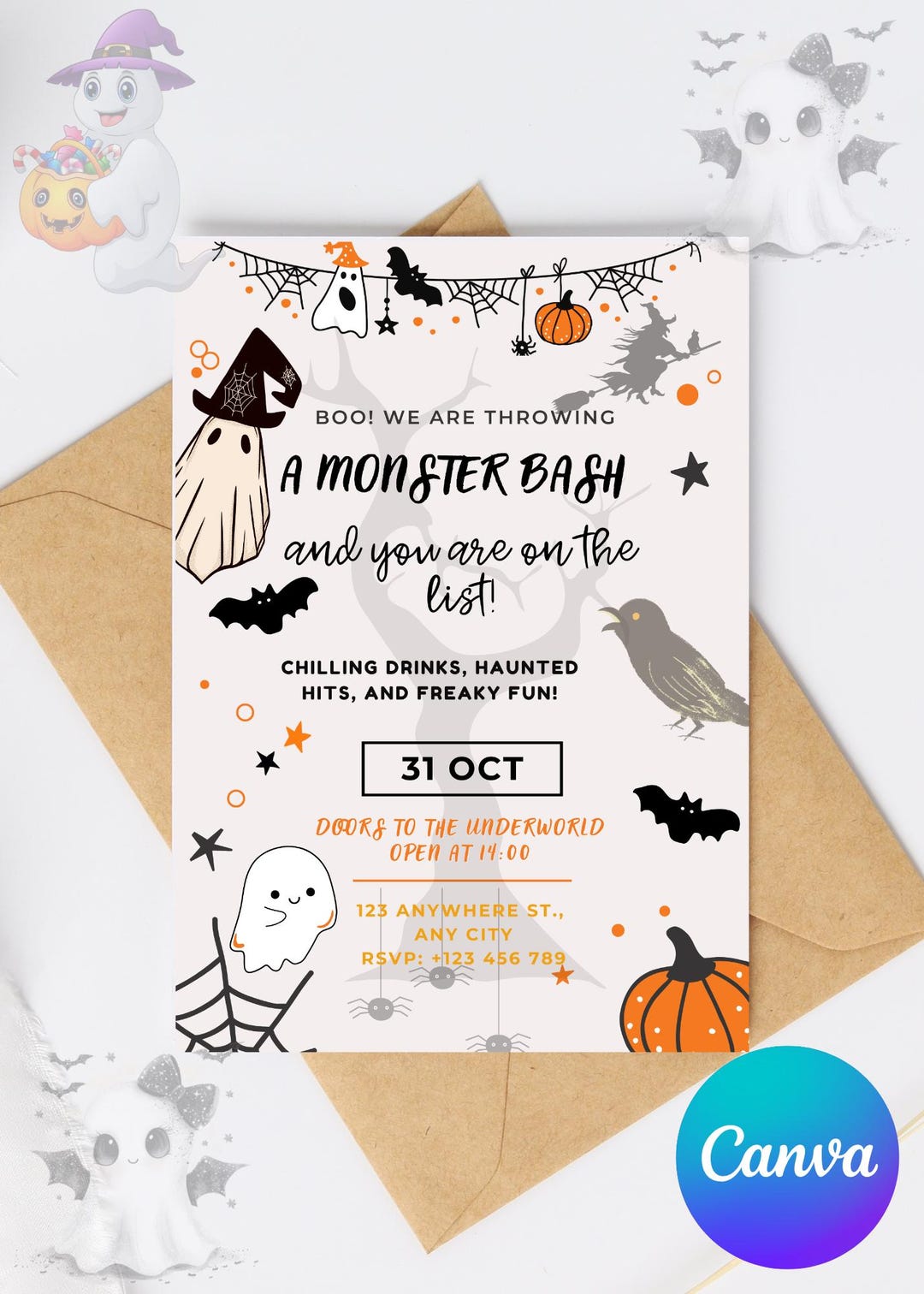 Spooky Ghost Halloween Party Invitation, Editable Canva Template ...