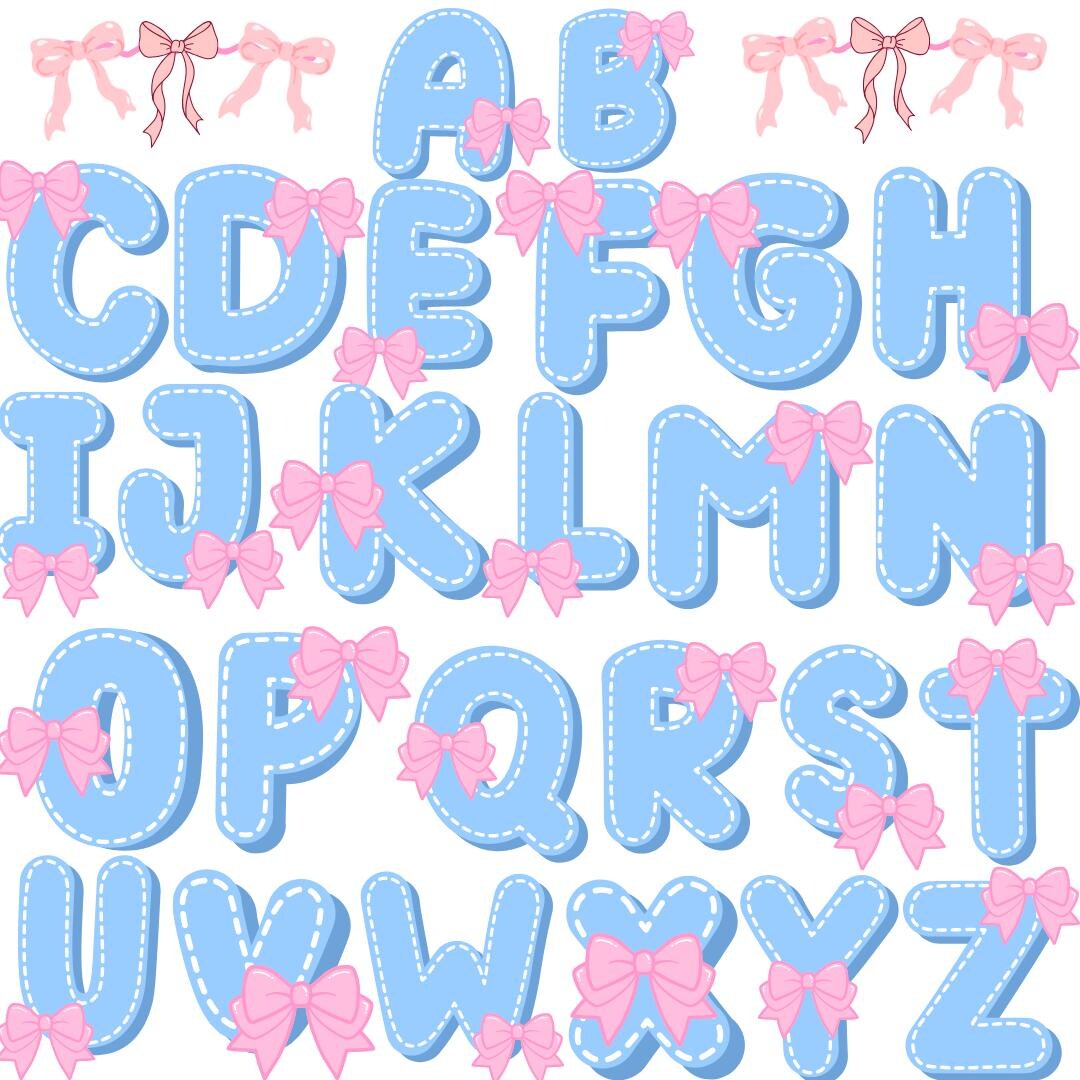 Coquette Bow Alphabet PNG Bundle, Blue & Pink Ribbon Letters (digital ...