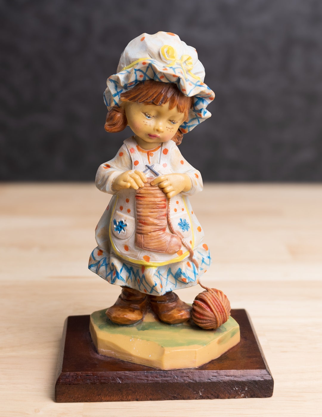 1970s Figurine Girl Knitting A Sock Resin Wood Base Made in Italy - Etsy