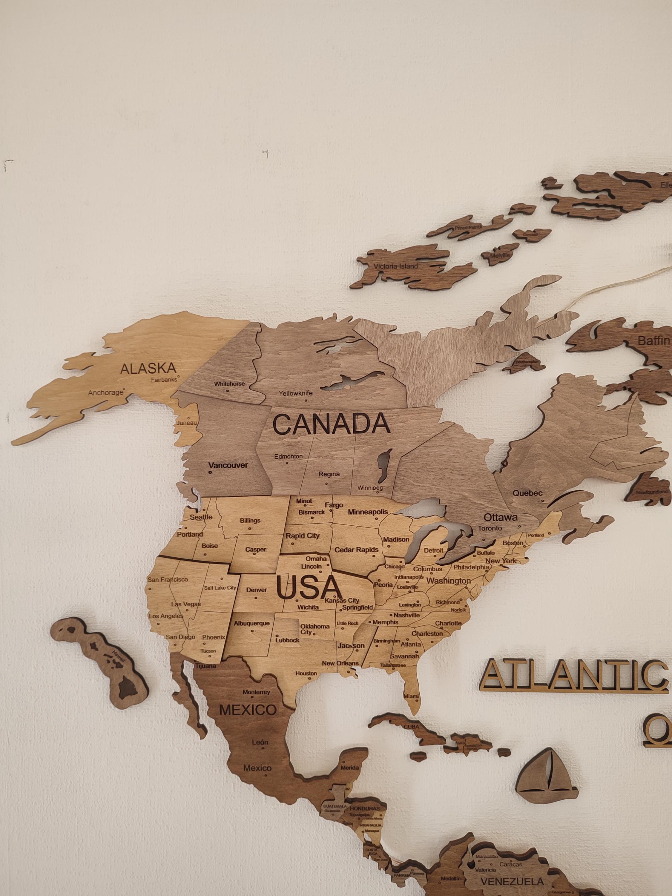 3D Wooden World Map With LED Backlight, Wall Panel, Ambient Lighting ...