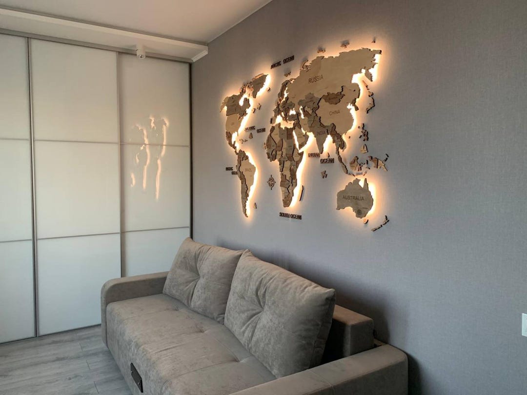 3D Wooden World Map With LED Backlight, Wall Panel, Ambient Lighting ...