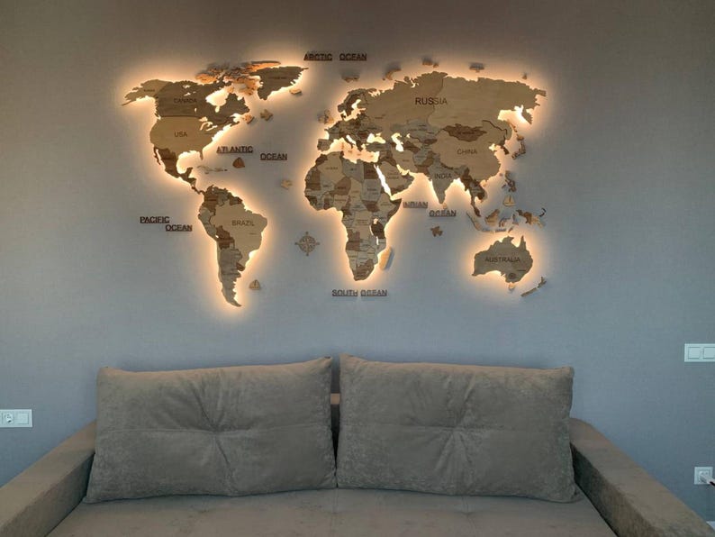 3D Wooden World Map With LED Backlight, Wall Panel, Ambient Lighting ...