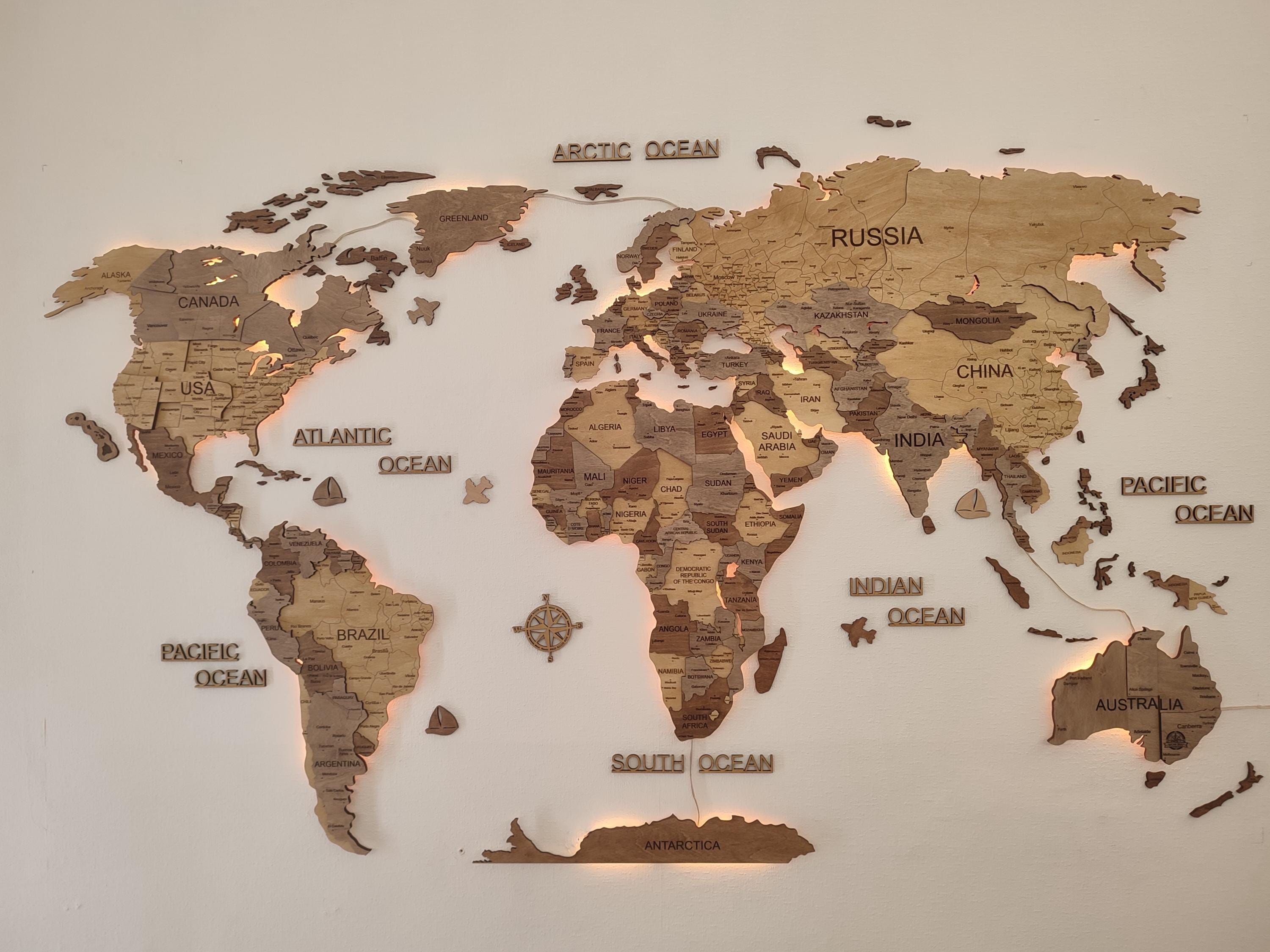 3D Wooden World Map With LED Backlight, Wall Decor - Etsy