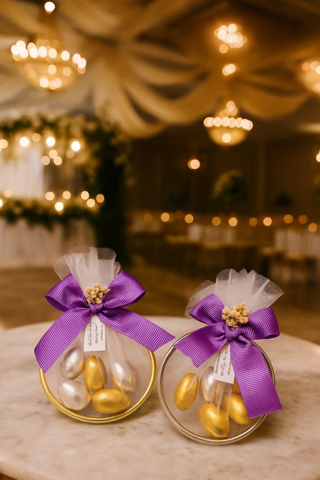 Gold & Silver Jordan Almond Wedding Favor – Personalized Tag, Purple ...