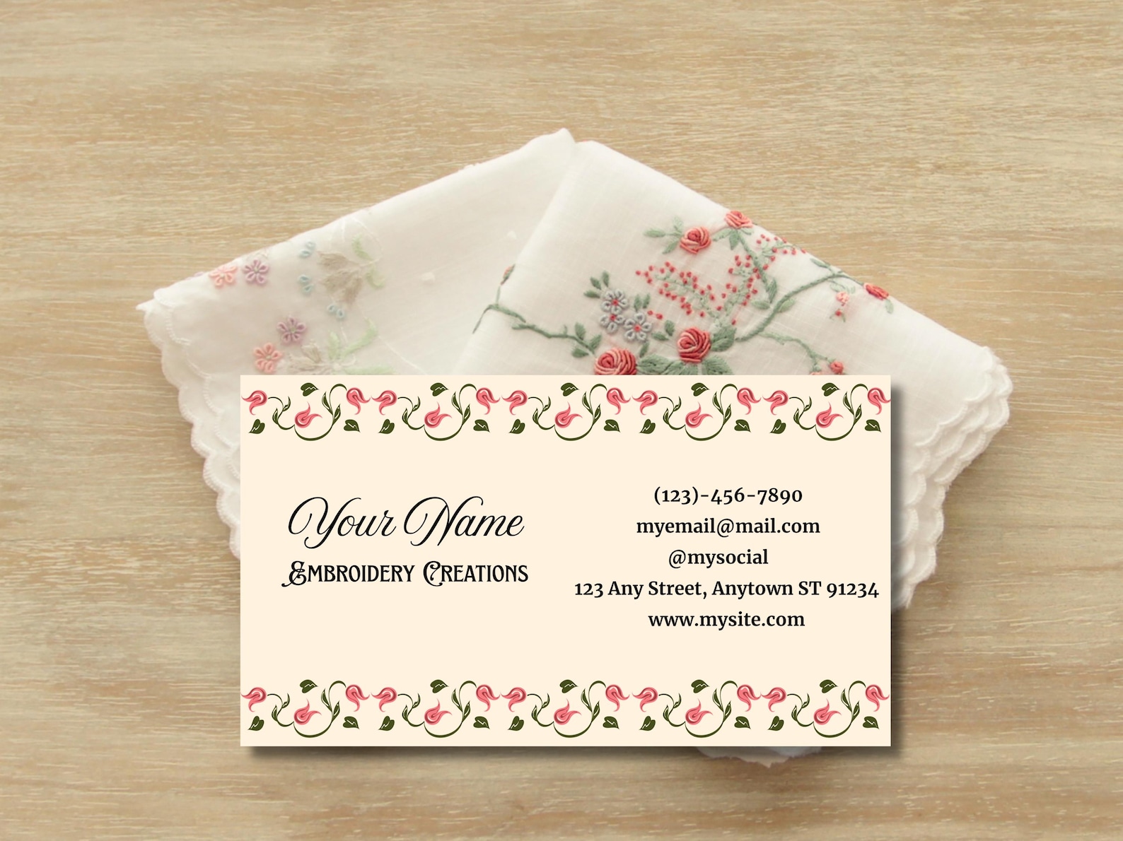Embroidery Business Card Canva Template | Editable Floral Calling Card ...