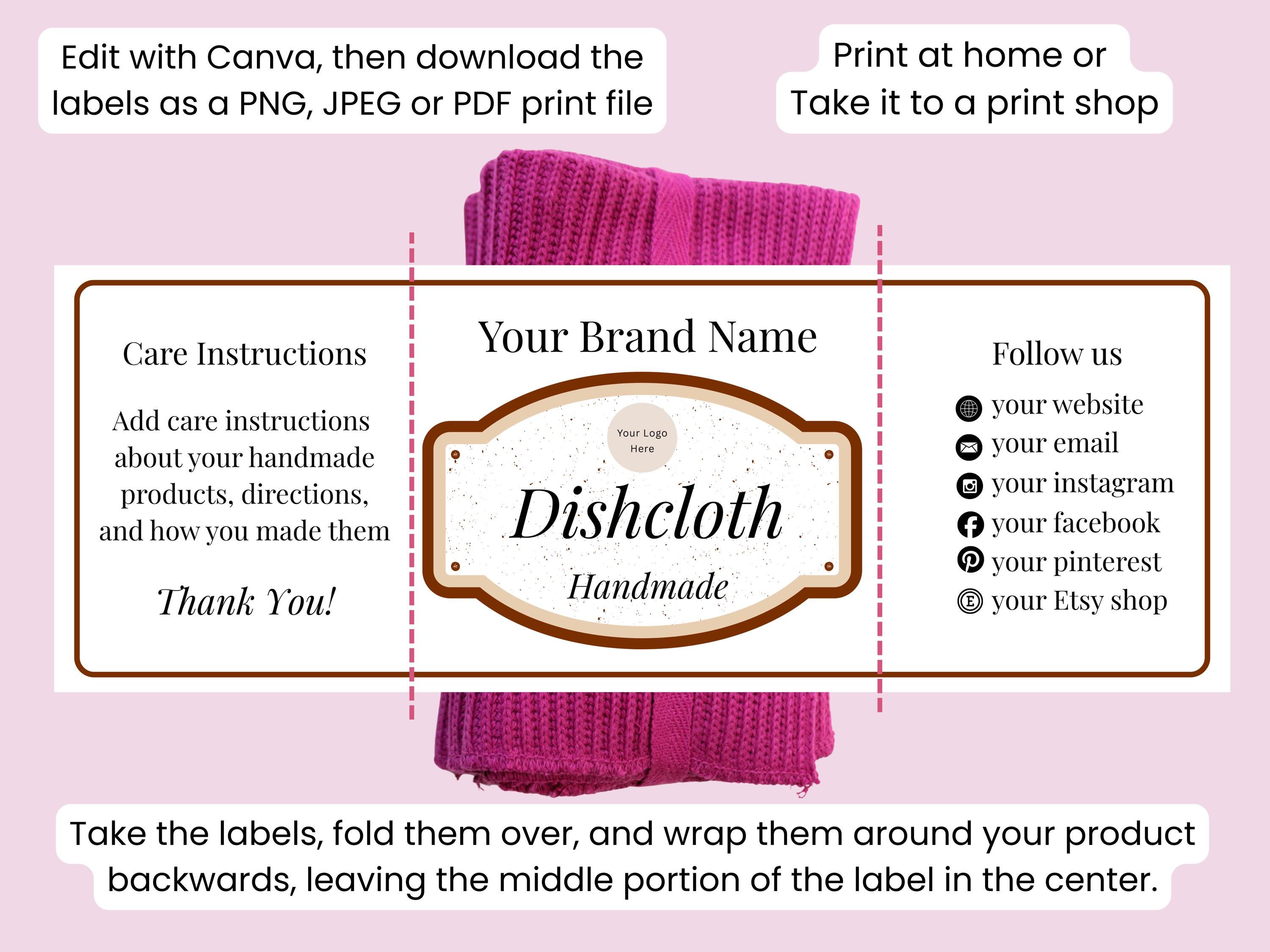 Editable Dishcloth Label Canva Template | Handmade Dishcloth Wrapper ...