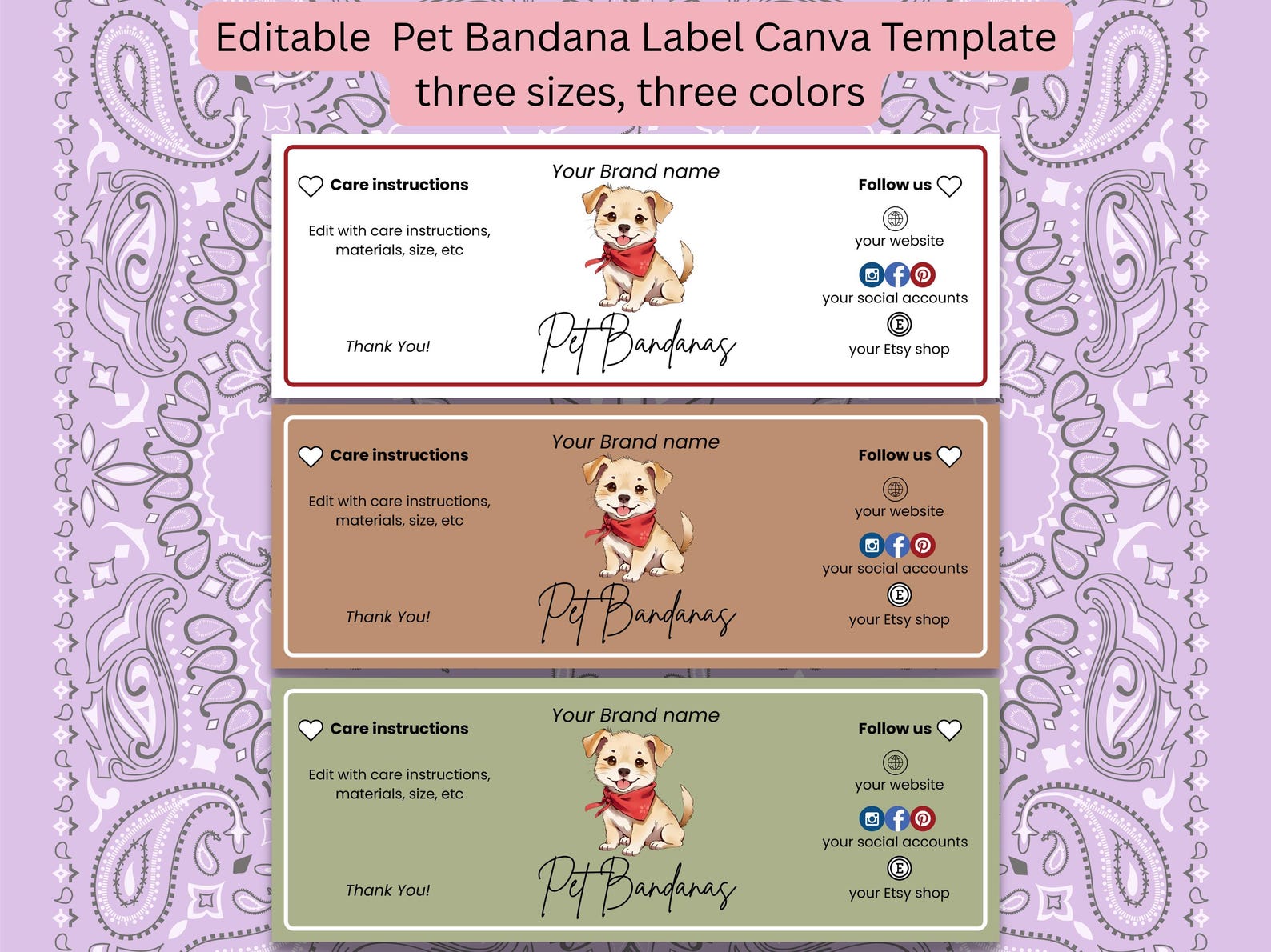 Editable Pet Bandana Label Canva Template | Pet Neck Scarf Label | DIY ...