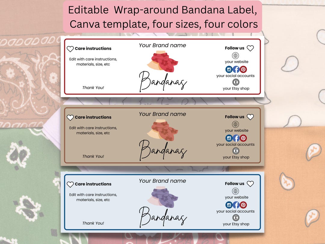 Editable Wrap-around Bandana Label Canva Template | Printable Bandana ...