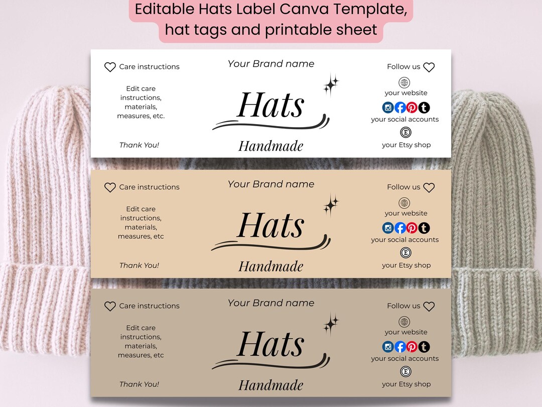 Editable Hats Label Canva Template | Matching Hats Cuff Tags | Custom ...