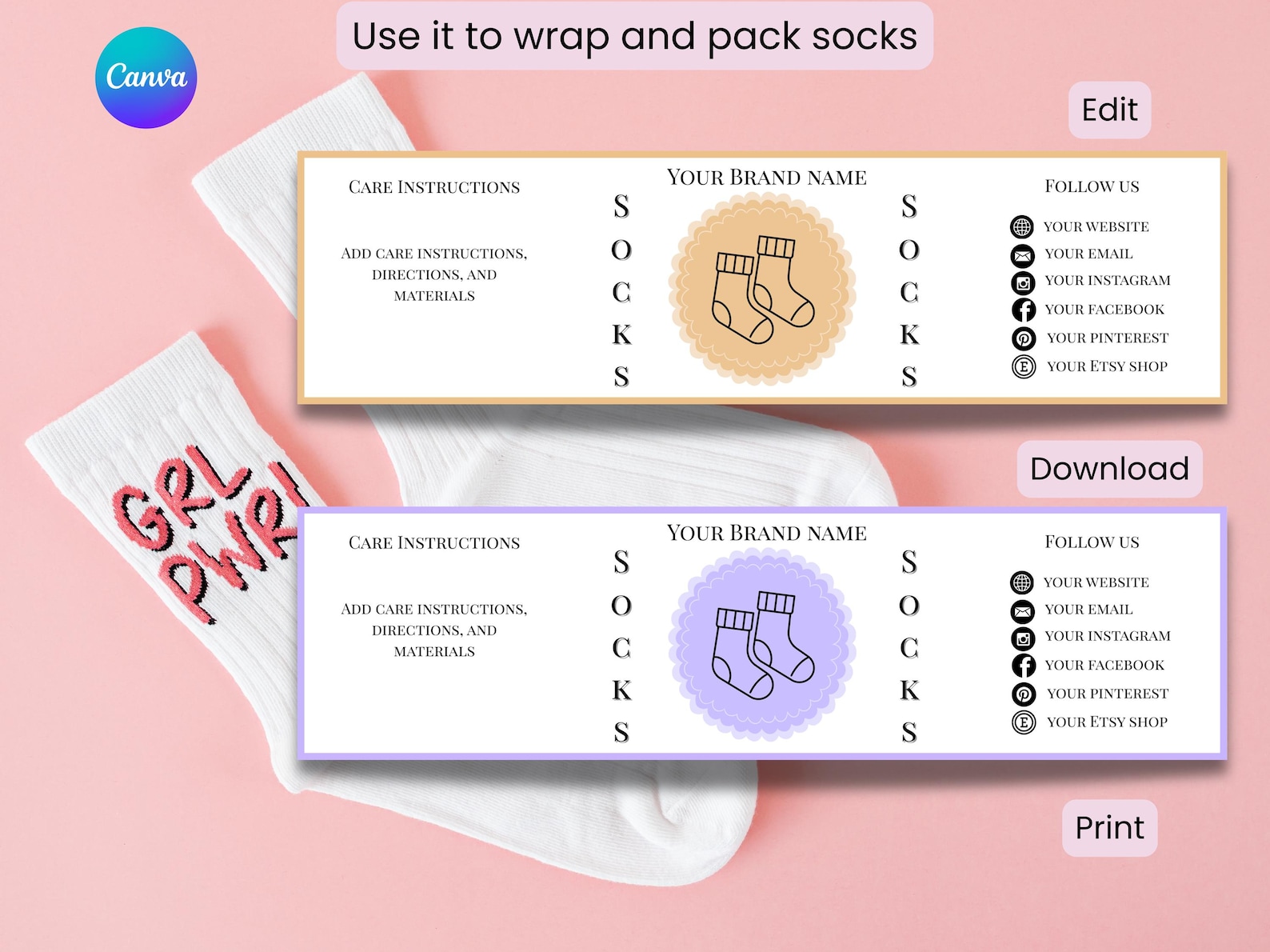 Editable Socks Label Canva Template | Socks Sleeve Wrap Label | Wrap ...