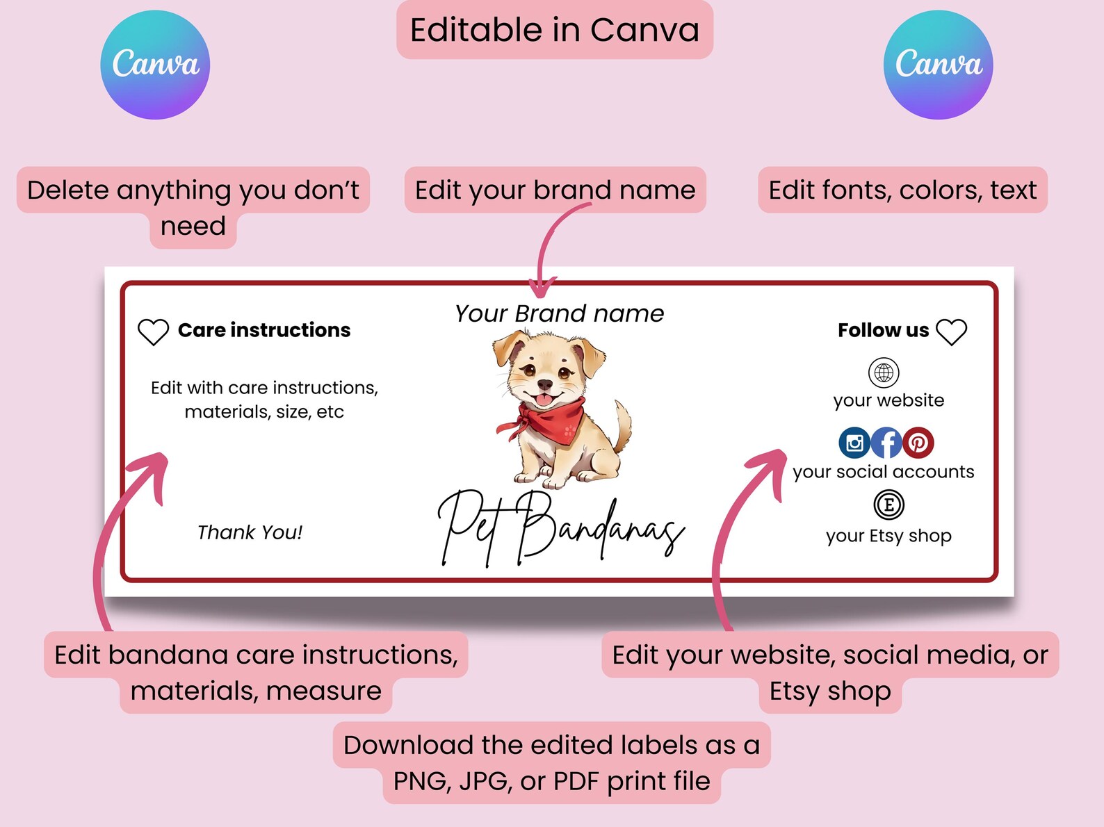Editable Pet Bandana Label Canva Template | Pet Neck Scarf Label | DIY ...