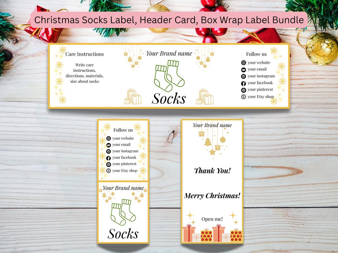 Christmas Socks Wrap Label, Header Card, Box Wrap Tag Canva Template ...