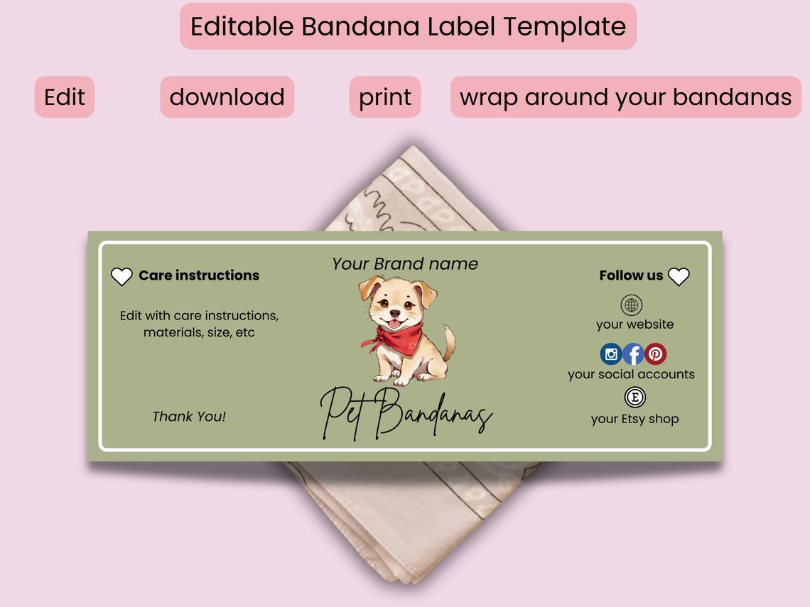 Editable Pet Bandana Label Canva Template | Pet Neck Scarf Label | DIY ...