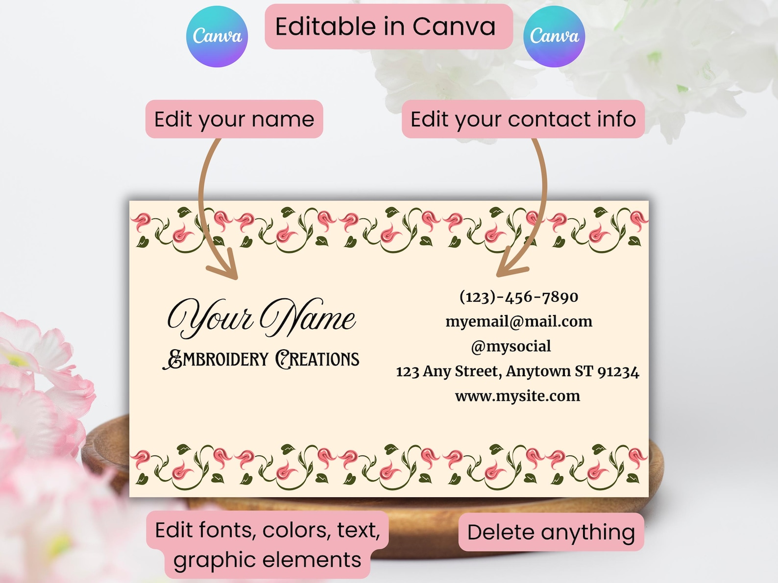 Embroidery Business Card Canva Template | Editable Floral Calling Card ...