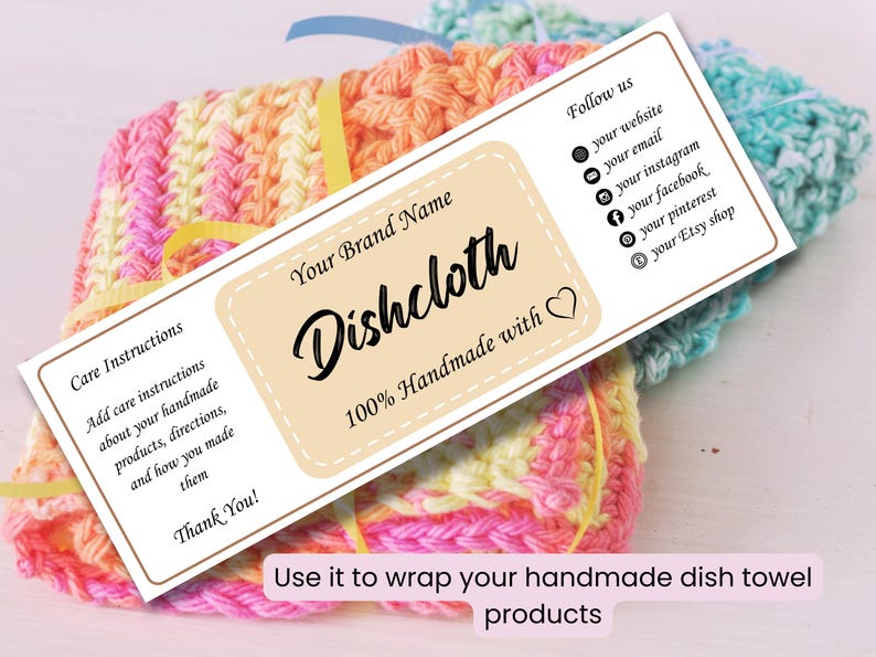 Editable Dishcloth Label Canva Template | Crochet Knit Dish Towel Wrap ...