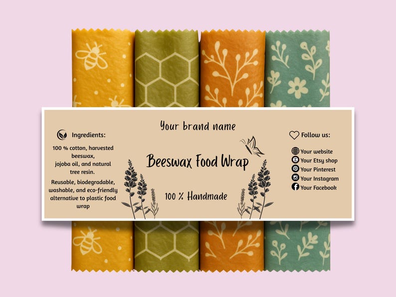 Editable Beeswax Food Wrap Label Canva Template | Beeswax Wrap Sleeve ...