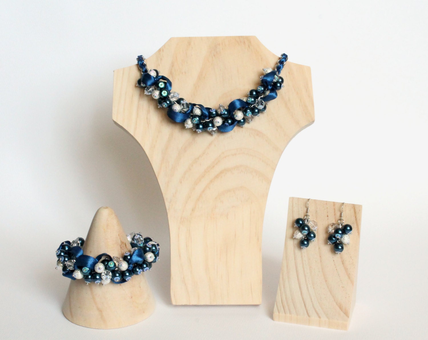 Navy Blue Pearl Cluster Necklace and Earrings Set - Etsy
