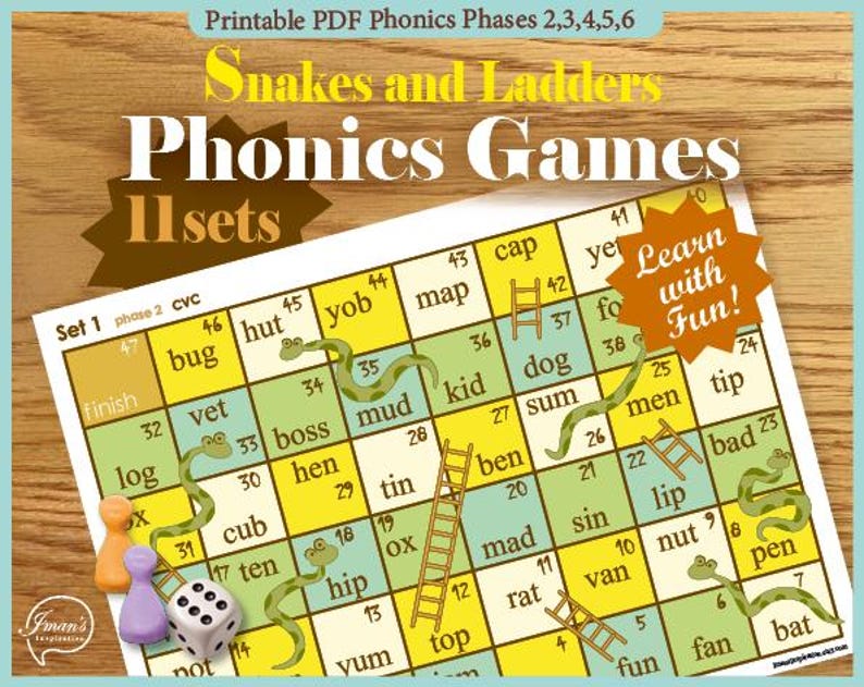 Printable PDF Phonics Phases 2,3,4,5,6 Snakes and Ladders Games X 11 ...