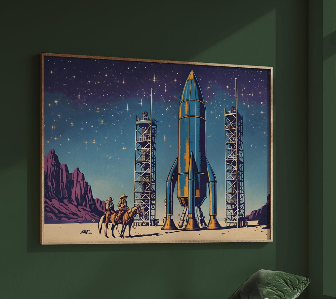 Retro Cowboys and Rocket Print, Midcentury Modern Wall Art (digital ...