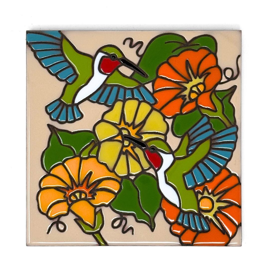 Hummers With Flowers | Kitchen Trivet | Hand Glazed Ceramic Tile Wall ...