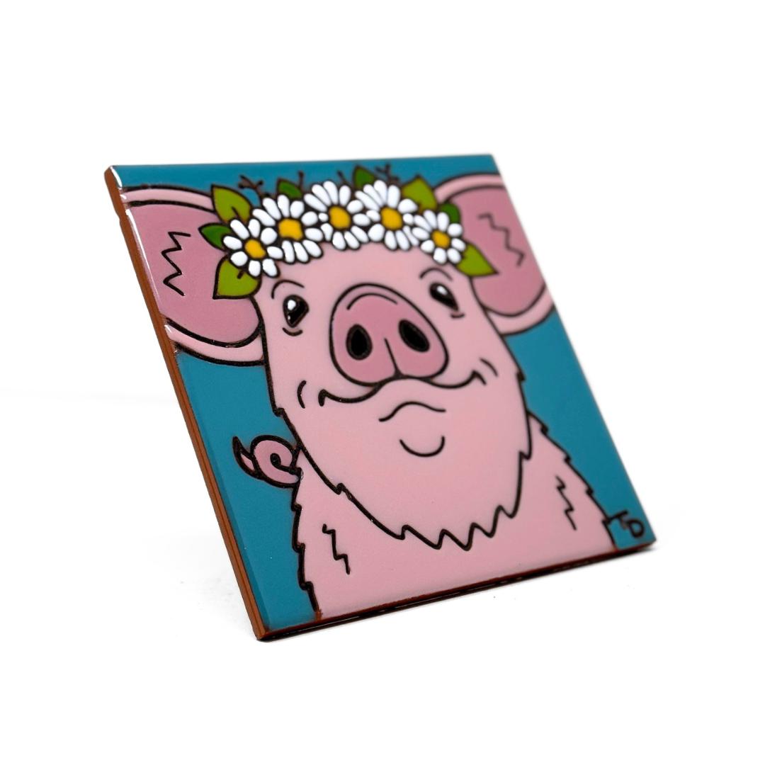 Farmhouse Pig Tile | Kitchen Trivet | Hand Glazed White Ceramic Tile ...