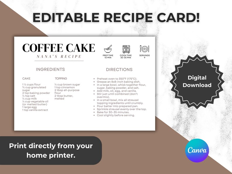 Printable Recipe Card Template – Editable Canva Cards, Vertical ...