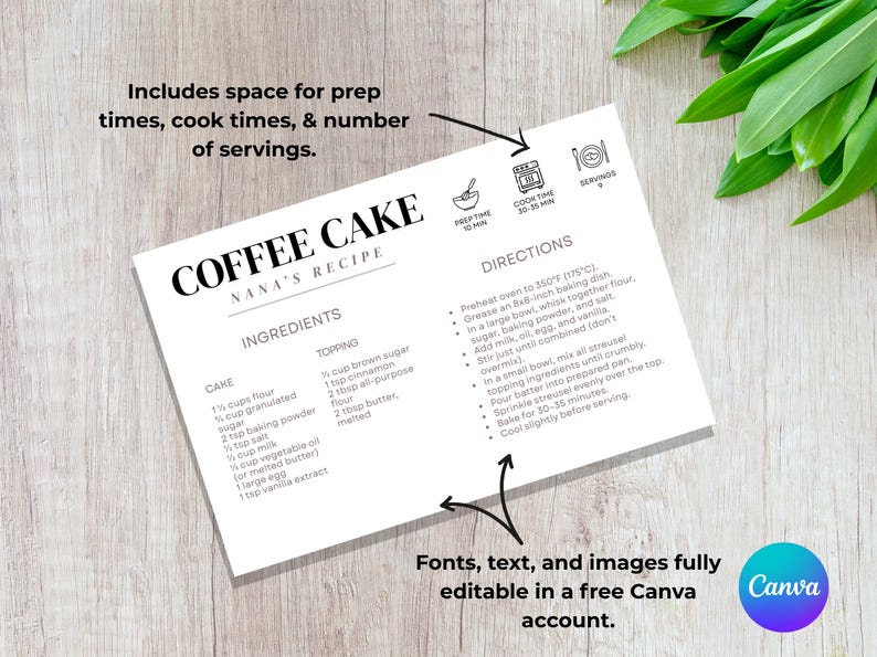 Printable Recipe Card Template – Editable Canva Cards, Vertical ...