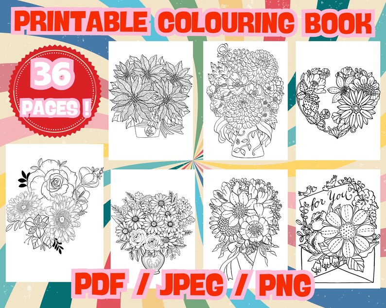 36 Easy Flower Coloring Pages - Instant PDF Download - Relaxing Floral ...