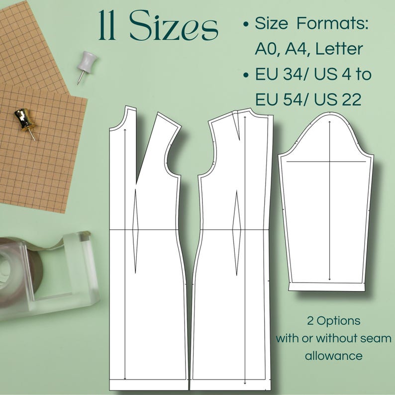 Basic Block Pattern PDF Instant Download Large Size Dress With Sleeves ...