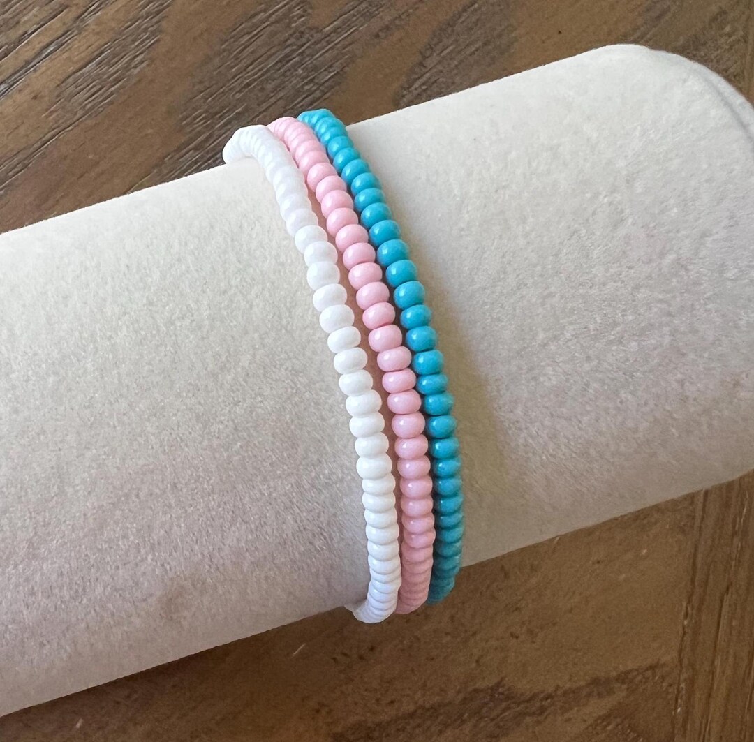 Pink Blue Stretch Beaded Bracelets Set of 3 Handmade Seed Bead Stretchy ...