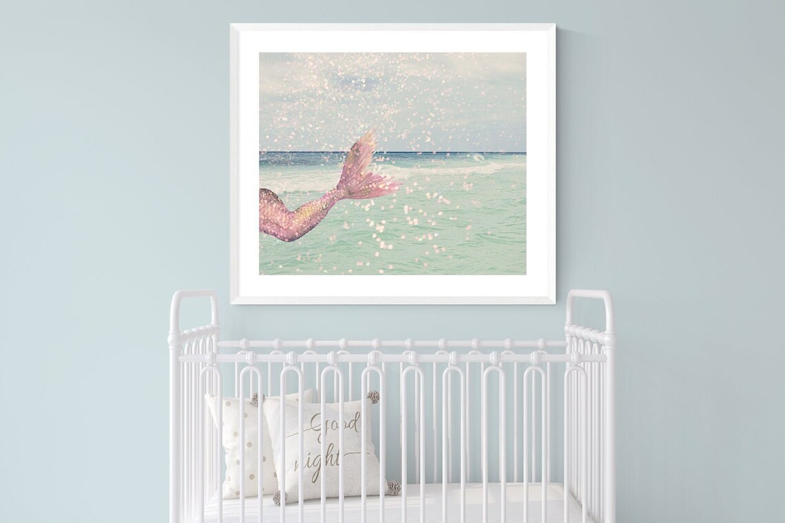 Pink mermaid tail photos mermaid decor pink art girl room | Etsy
