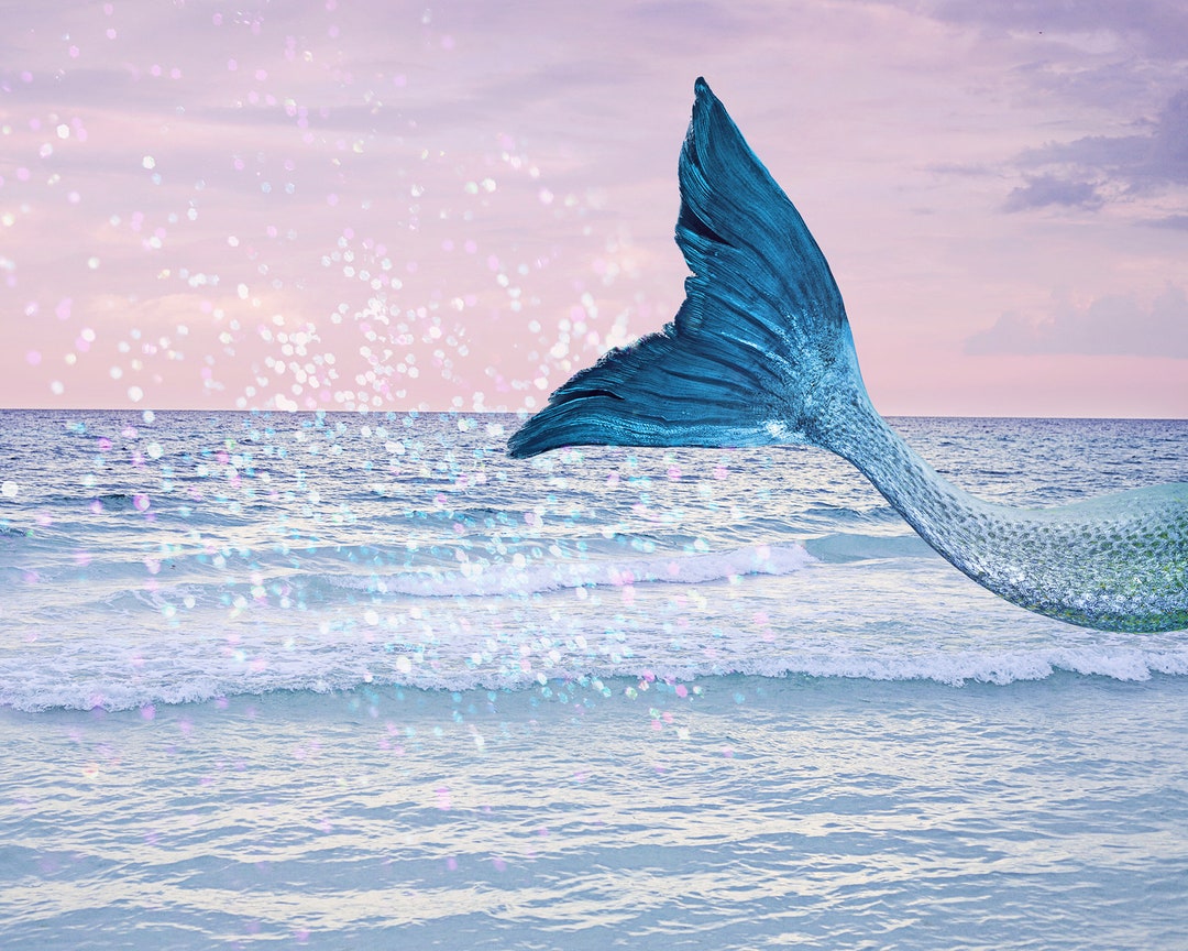 Ocean Blue Mermaid Tail Art Beach Bathroom Print Wall Decor Girl Room ...