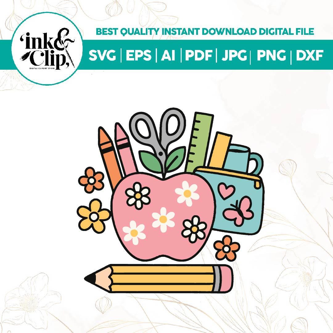 Floral Apple School Supplies PNG, Customizable Teacher Sublimation ...