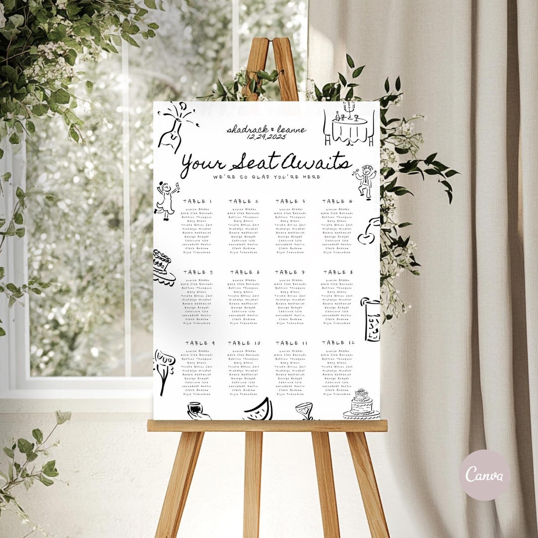 Wedding Reception Signage | Seating Chart Template | Hand Drawn Guest ...