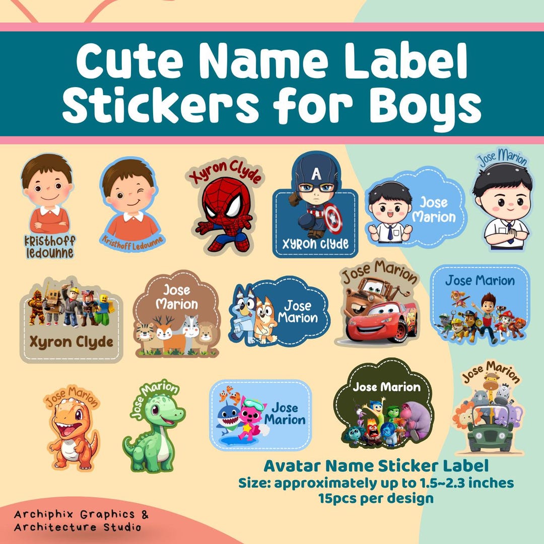 Personalized Cute Name Labels Stickers for Boys by Archiphix (set of 15 ...