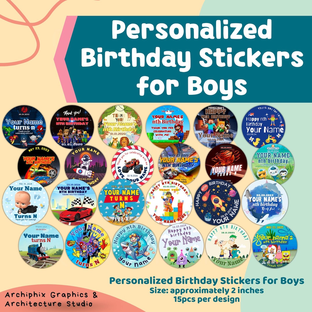 Personalized Birthday Party Stickers for Boys Glossy Matte Vinyl Theme ...