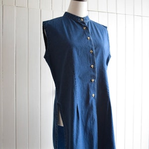 1990s Minimalist Denim Tunic Buttons Mandarin Collar Side Slits Medium ...