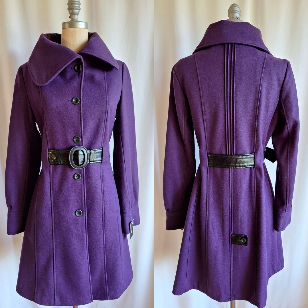 RARE Deadstock Guess Mod Wool Princess Coat Purple Eggplant Leather ...