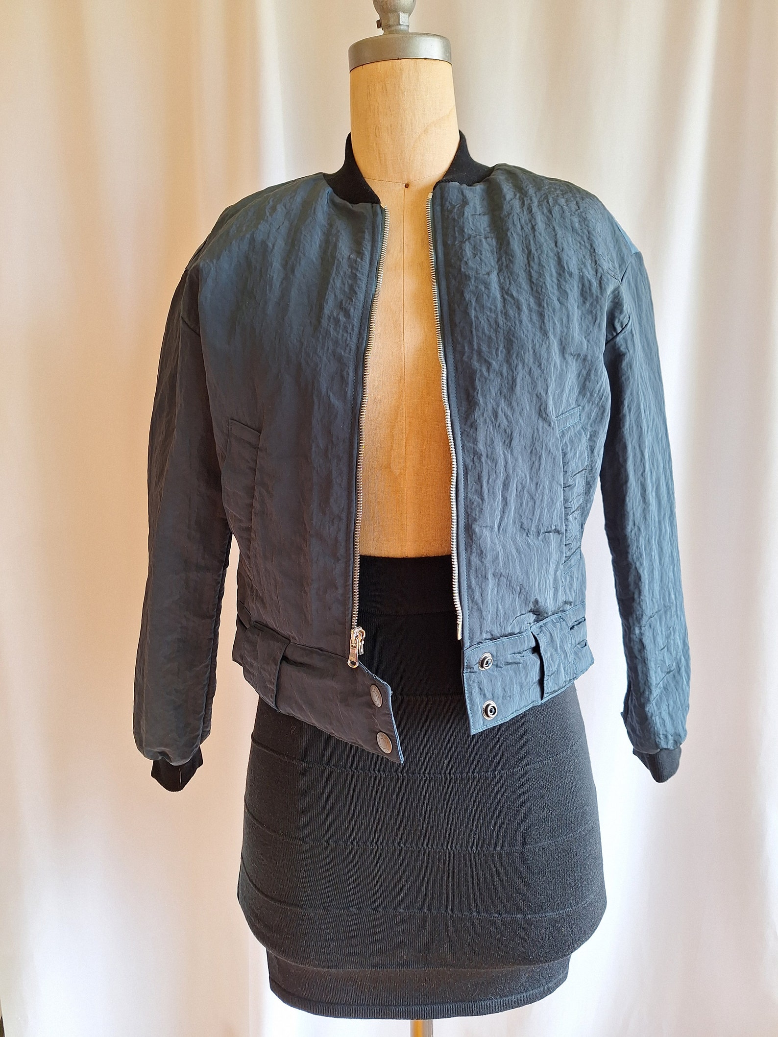 DEADSTOCK Teal Blue Crumpled Designer Bomber Jacket Minimalist Cropped ...
