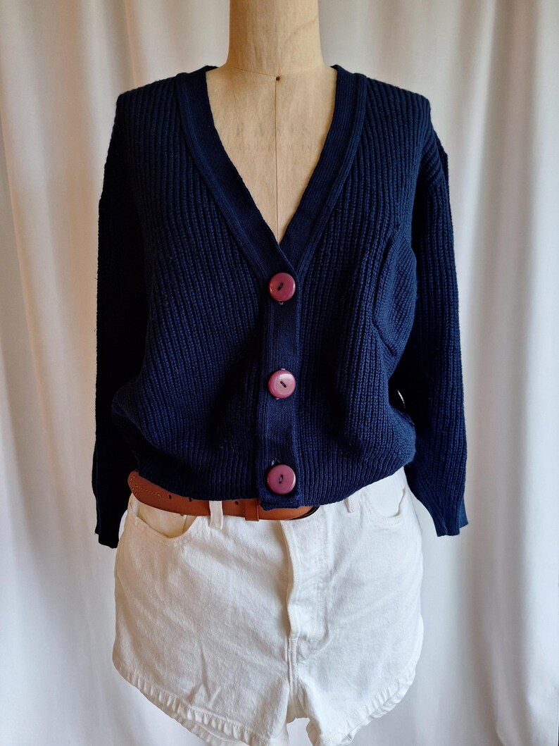 80s Boxy Cropped Navy Cardigan V Neck Soft Acrylic Medium Large - Etsy