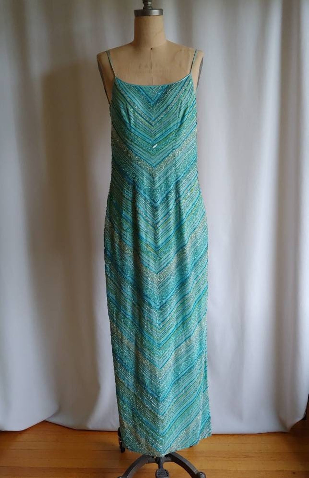 70s Disco Dress Slinky Silk Sequin Aqua Bodycon Maxi Cachet Strappy ...