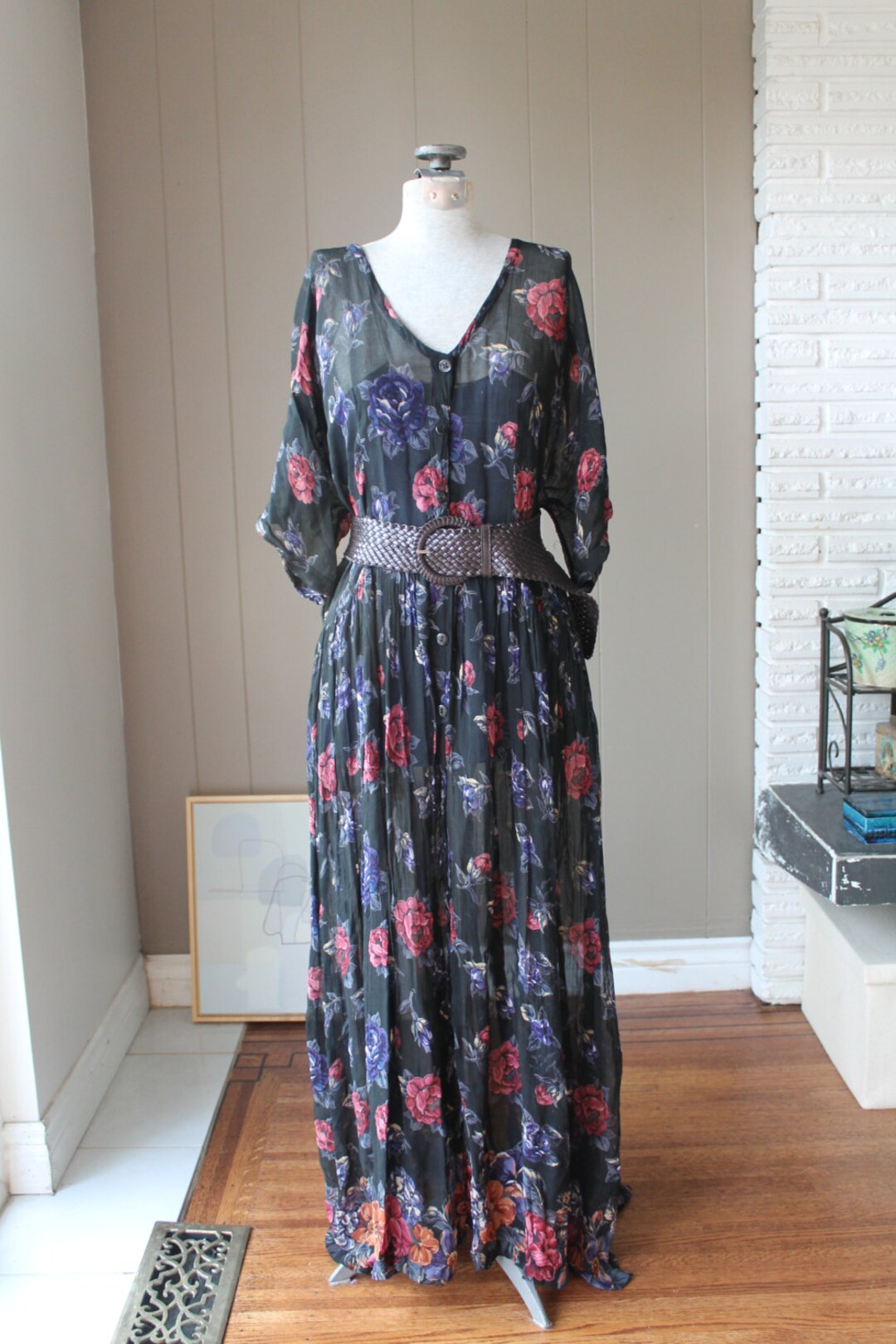 1990s Indian Gauze Stevie Nicks Festival Floral Black Sheer Gothic ...